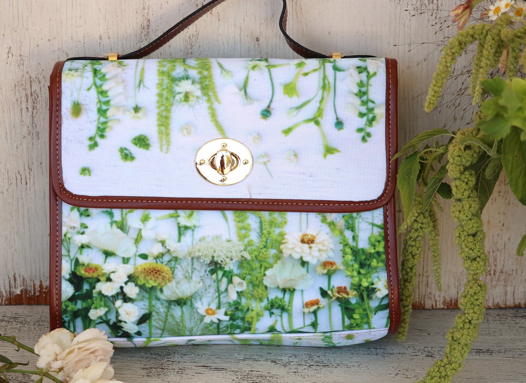 White Handbag With Green and White Flowers, Womans Floral Purse - Etsy