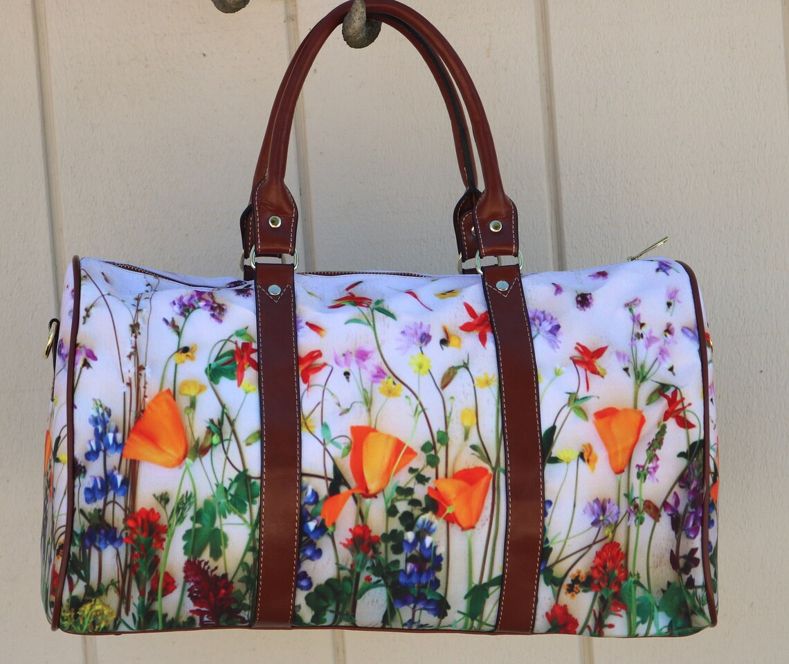 Wildflower and CA Poppy Travel Bag With Leather Handles | Etsy