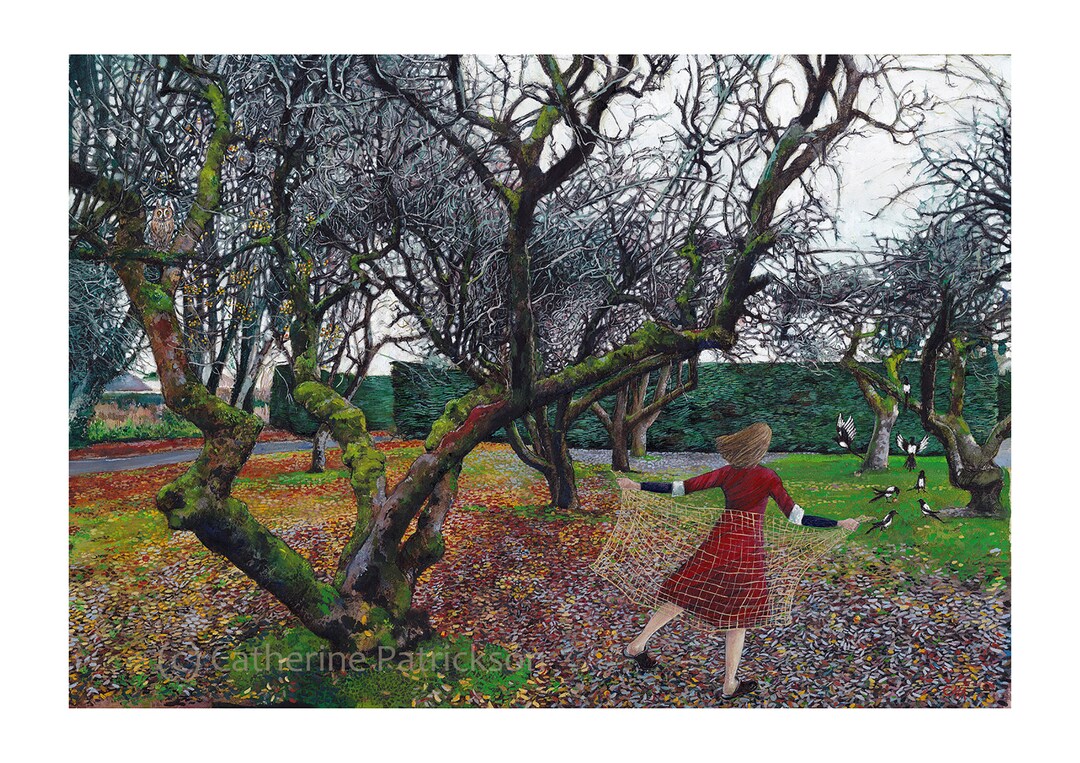Gathering Magpies. Woman in A Red Dress and Golden Shawl. the Orchard ...
