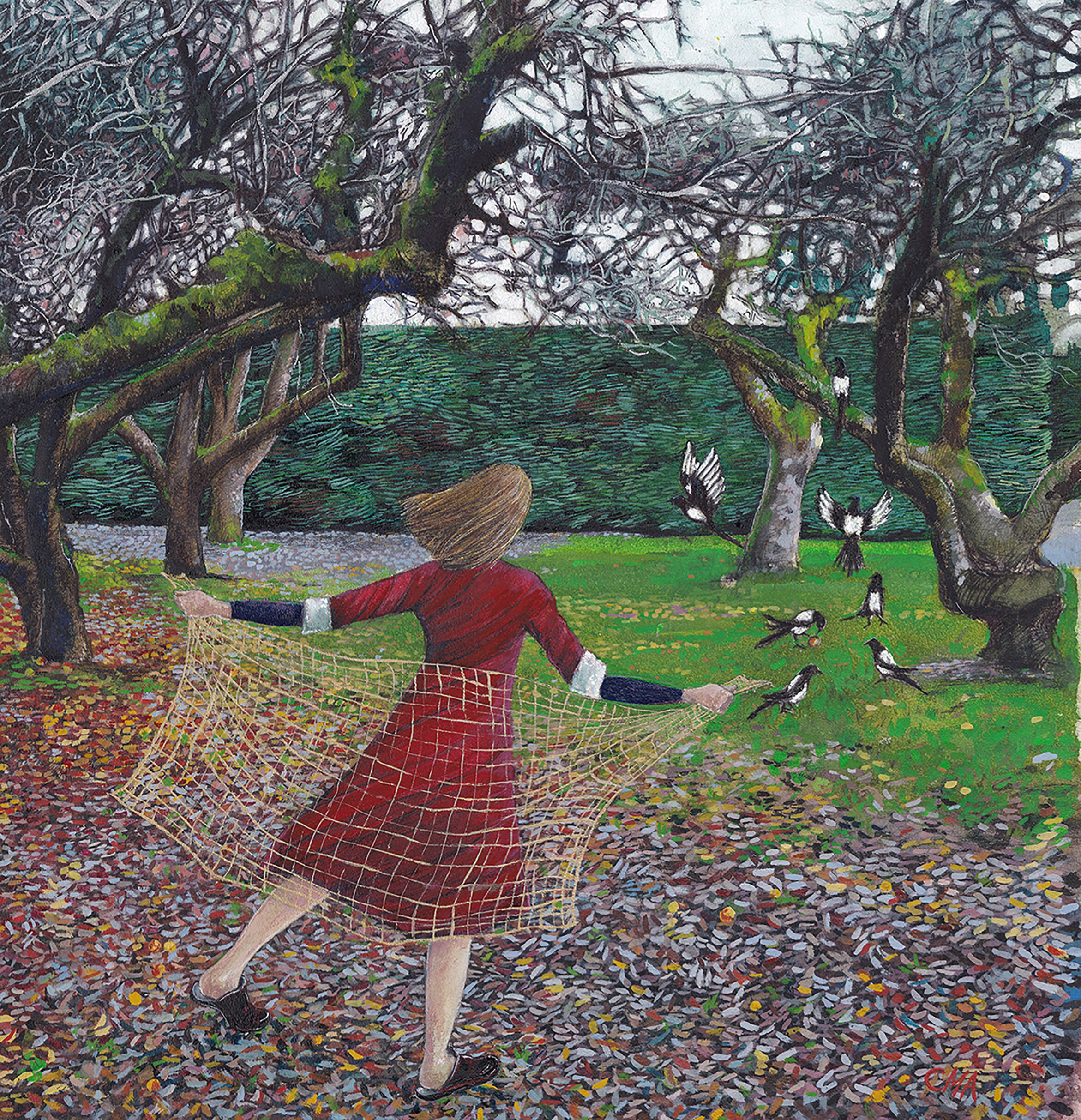 Gathering Magpies. Woman in A Red Dress and Golden Shawl. the Orchard ...
