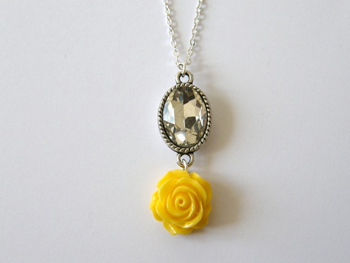 Yellow Rose & Diamond Crystal Glass Rhinestone Necklace, Bridesmaid ...