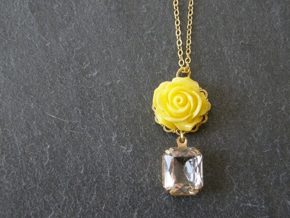 Yellow Rose and Vintage Crystal Glass Charm Necklace Vintage | Etsy