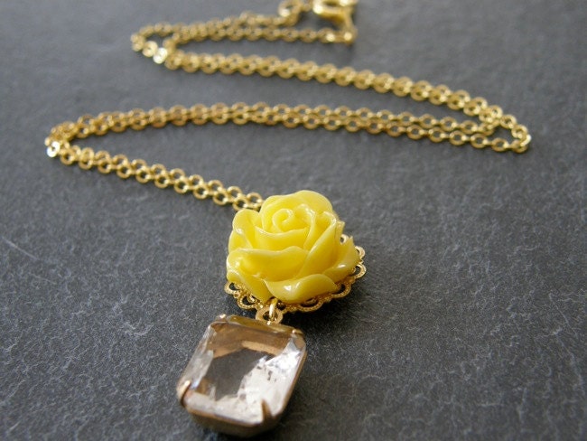 Yellow Rose and Vintage Crystal Glass Charm Necklace, Vintage Style ...
