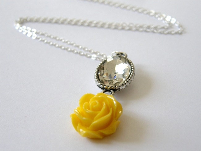 Yellow Rose & Diamond Crystal Glass Rhinestone Necklace, Bridesmaid ...
