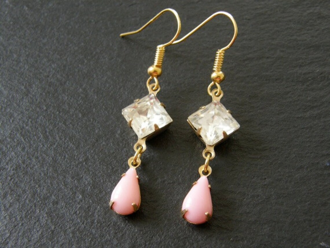 Vintage Style Pink Teardrop and Crystal Rhinestone Drop Earrings ...