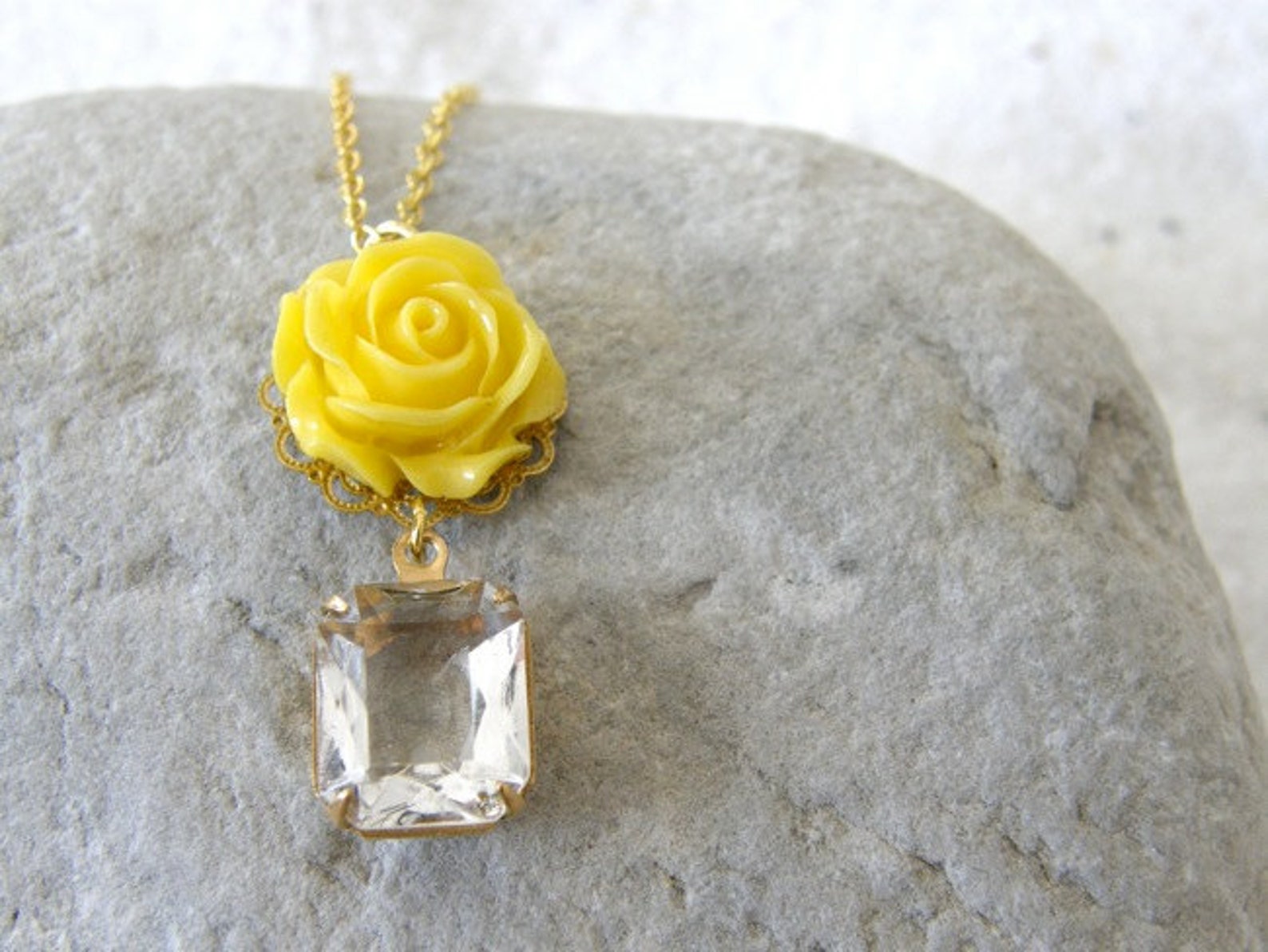 Yellow Rose and Vintage Crystal Glass Charm Necklace, Vintage Style ...