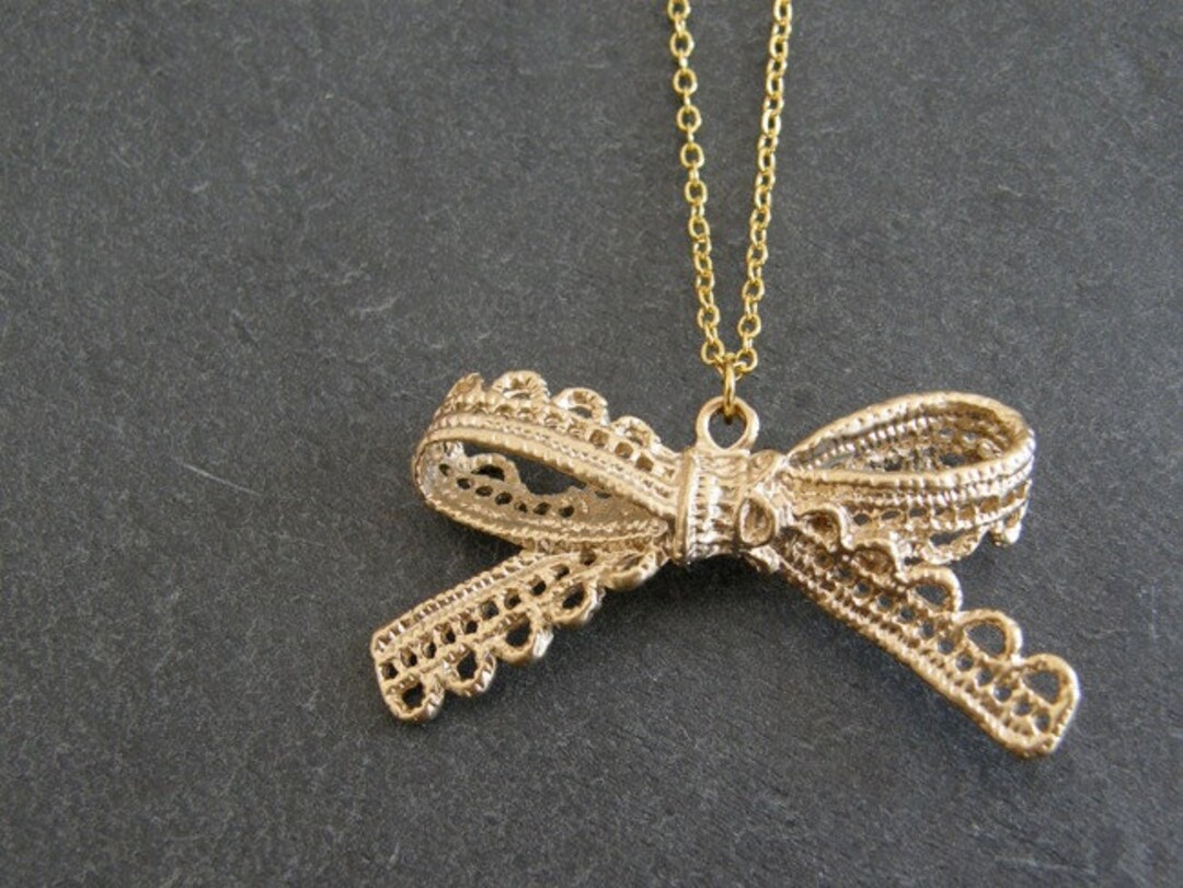 Gold Lace Bow Pendant Necklace, Bow Necklace, Birthday Gift, Gift for ...