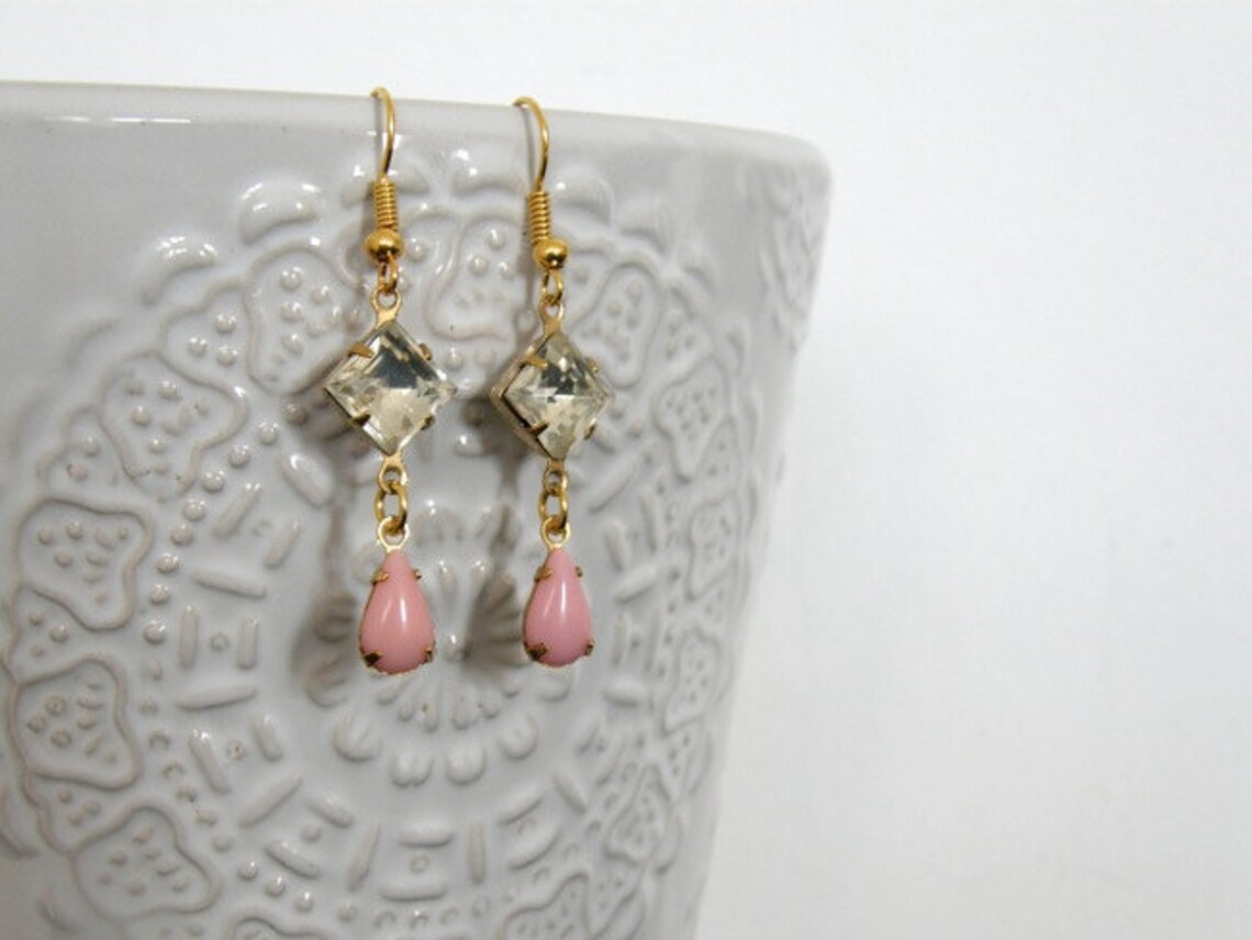 Vintage Style Pink Teardrop and Crystal Rhinestone Drop - Etsy