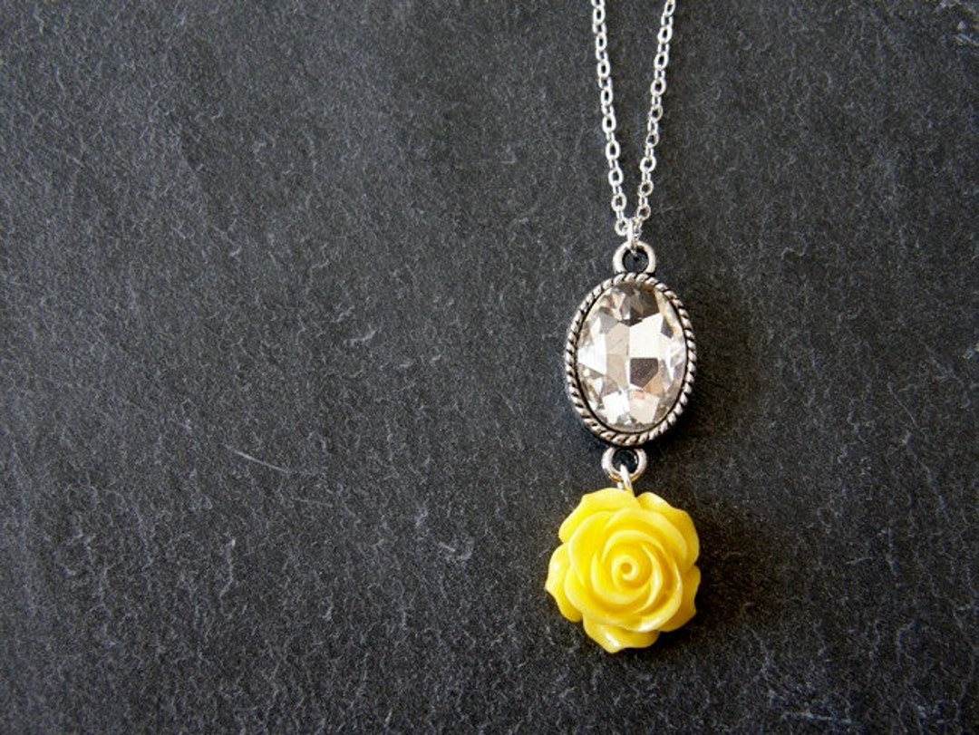 Yellow Rose & Diamond Crystal Glass Rhinestone Necklace, Bridesmaid ...