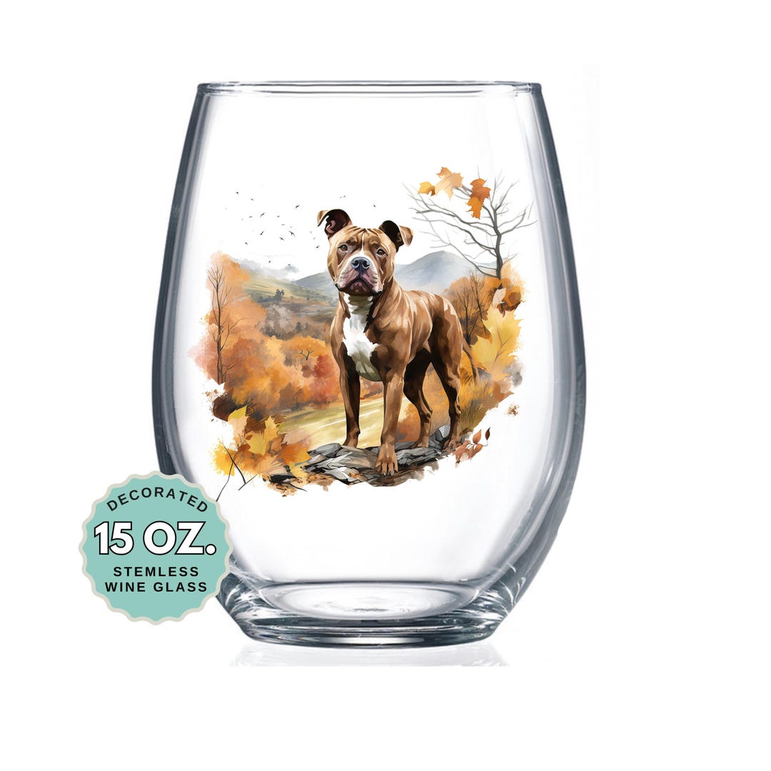 Pitbull Fall Leaves Wine Glass 15 Oz Stemless Wine Dog Lover Gift ...