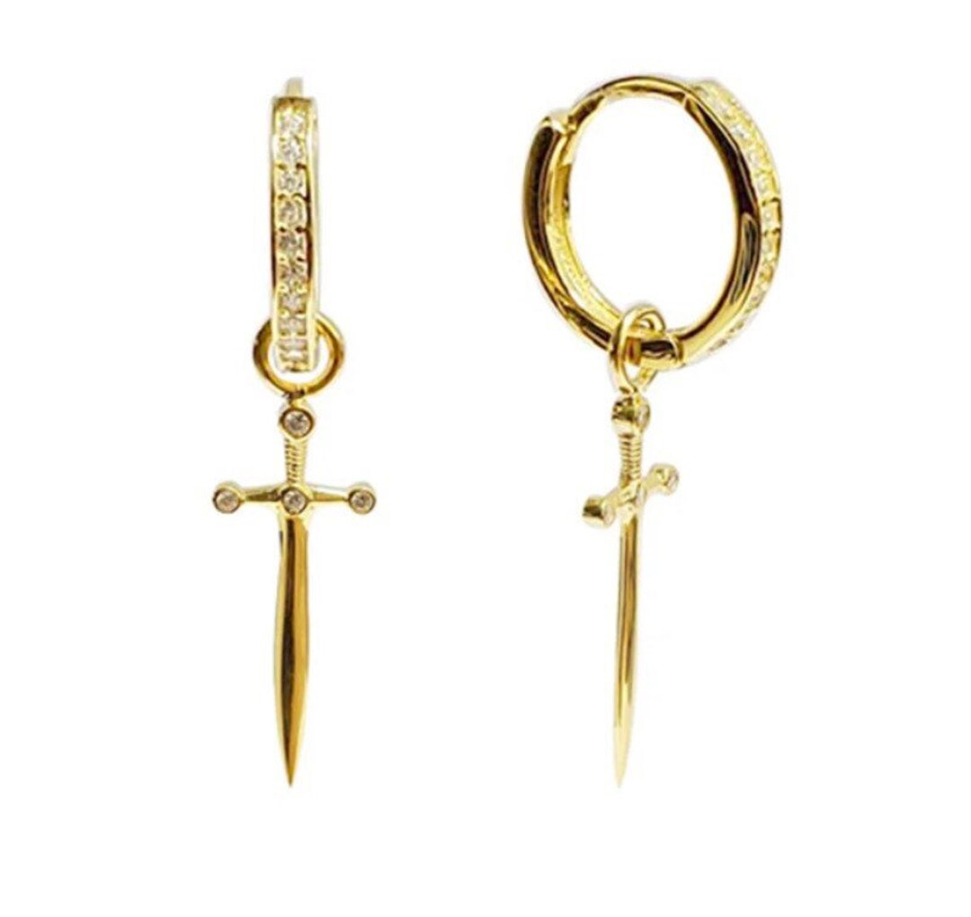 H1. Edgy CZ Hoop Sword Dagger Earrings 925 Sterling Silver - Etsy
