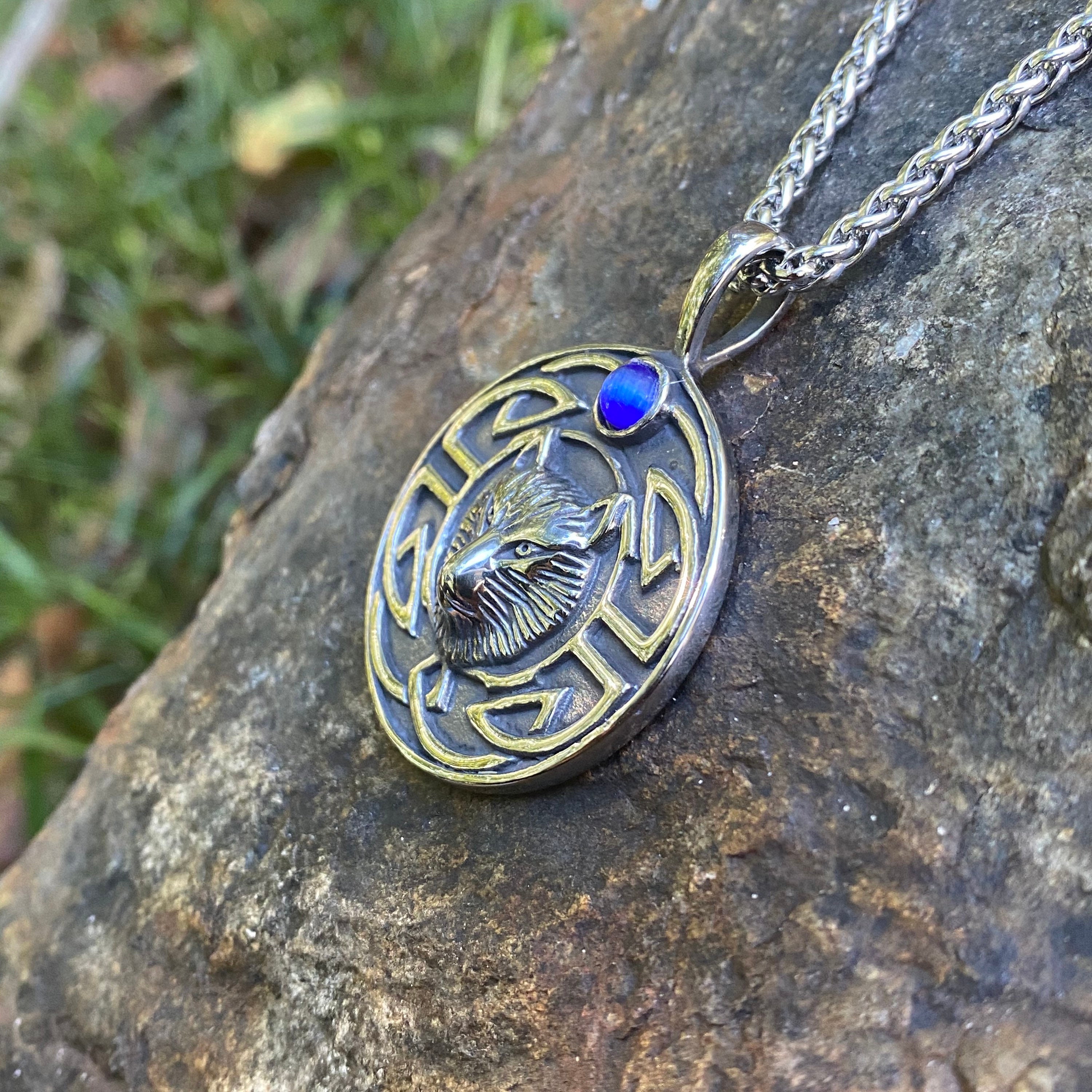HN67 Blue Stone Wolf Amulet Mystical Stainless Steel Pendant | Etsy