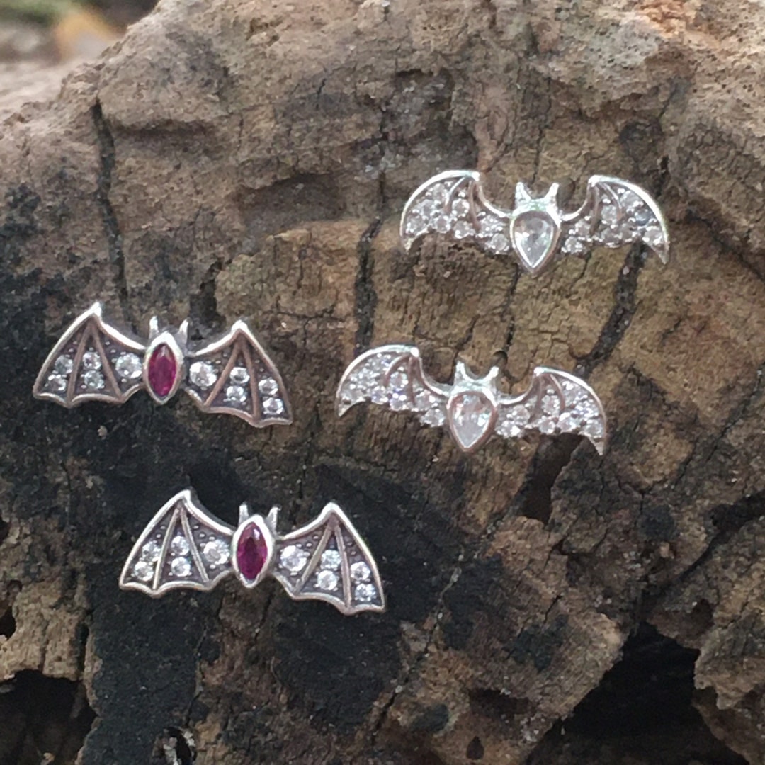 HP34. Flying Bat Stud Earrings. Sterling Silver. Pave Cz - Etsy