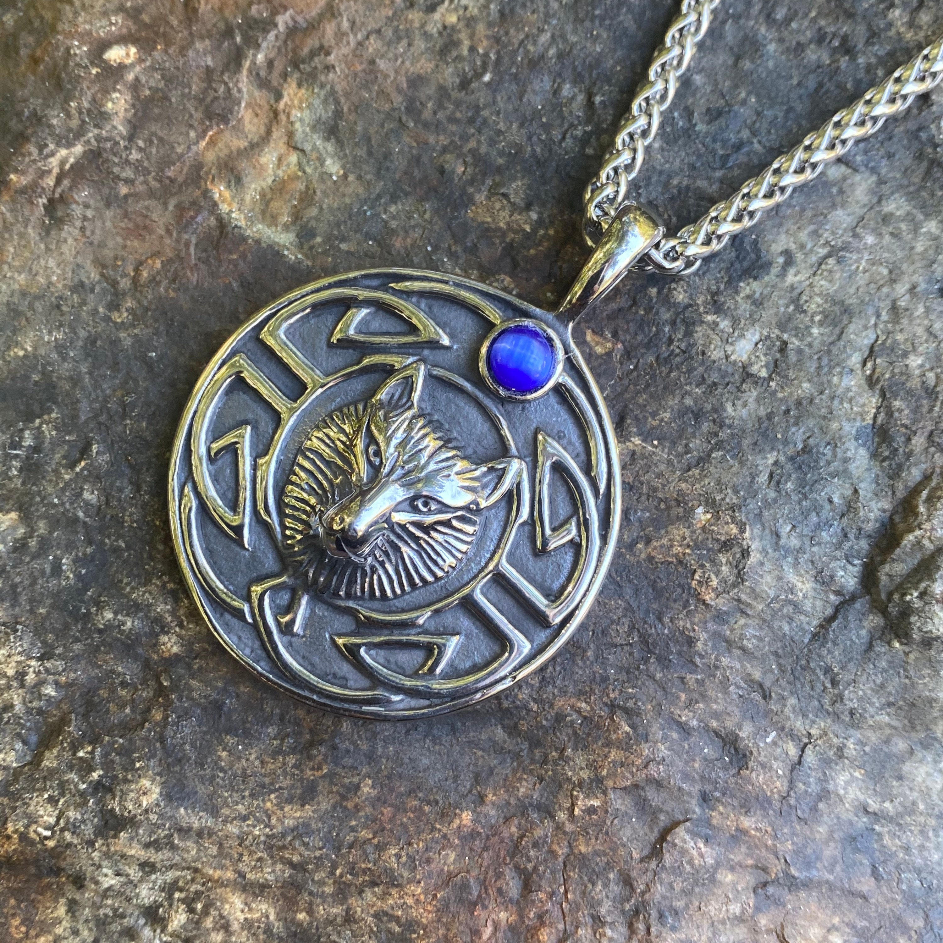 HN67 Blue Stone Wolf Amulet Mystical Stainless Steel Pendant | Etsy
