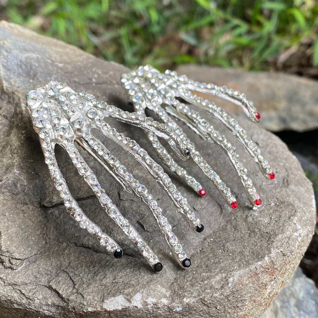 HC02. Skeleton Hand Hair Clips Silvertone, Red or Black Fingernail ...
