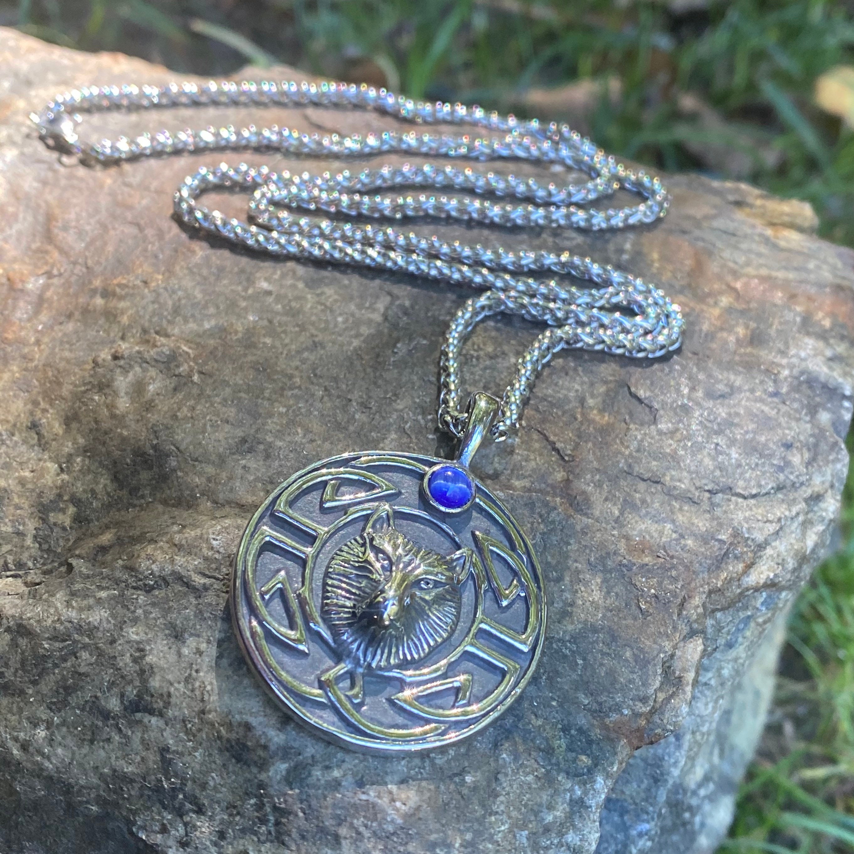 HN67 Blue Stone Wolf Amulet Mystical Stainless Steel Pendant | Etsy