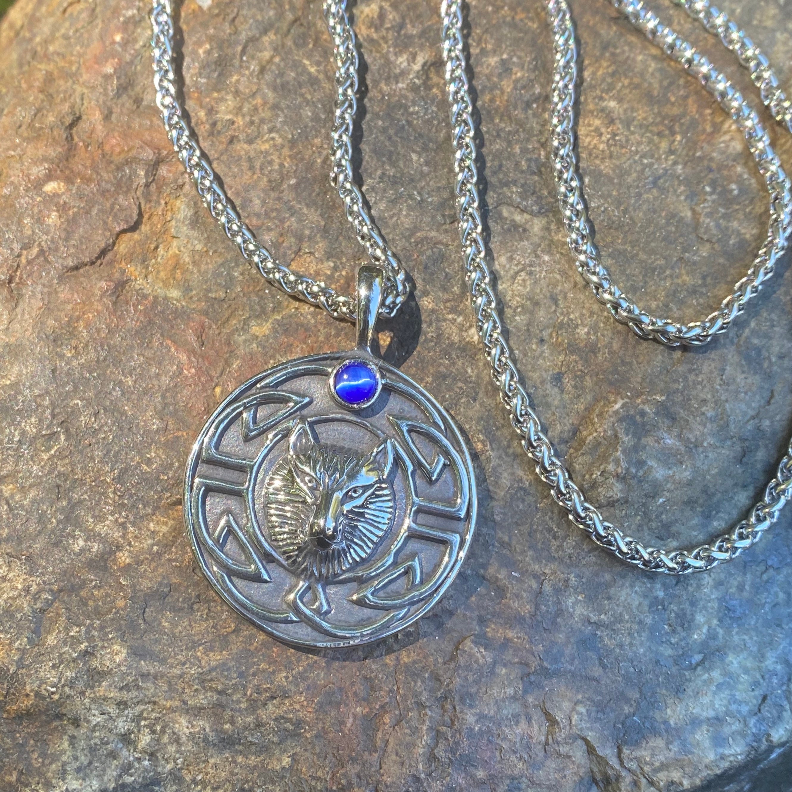 HN67 Blue Stone Wolf Amulet Mystical Stainless Steel Pendant | Etsy