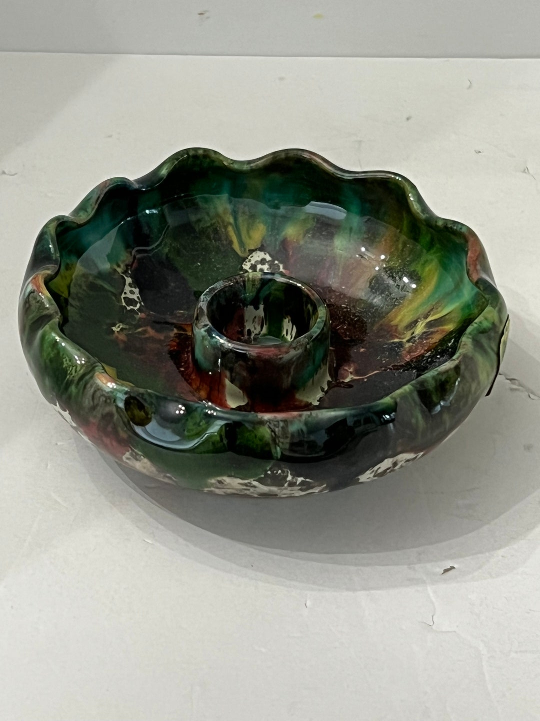 Vintage Multi Color Majolica Style Earthenware Pottery Candle Holder ...