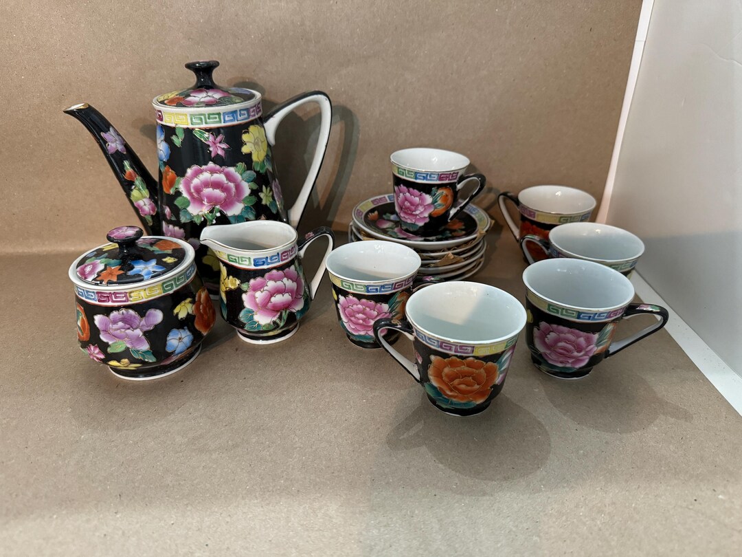Vintage Porcelain Black Floral Tea Set. - Etsy