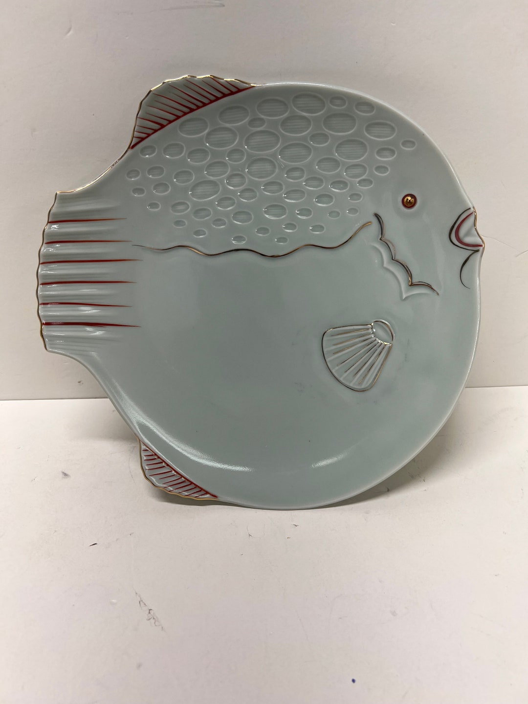 Vintage Adorable Hand Painted Light Green Larger Version Ceramic Fish ...