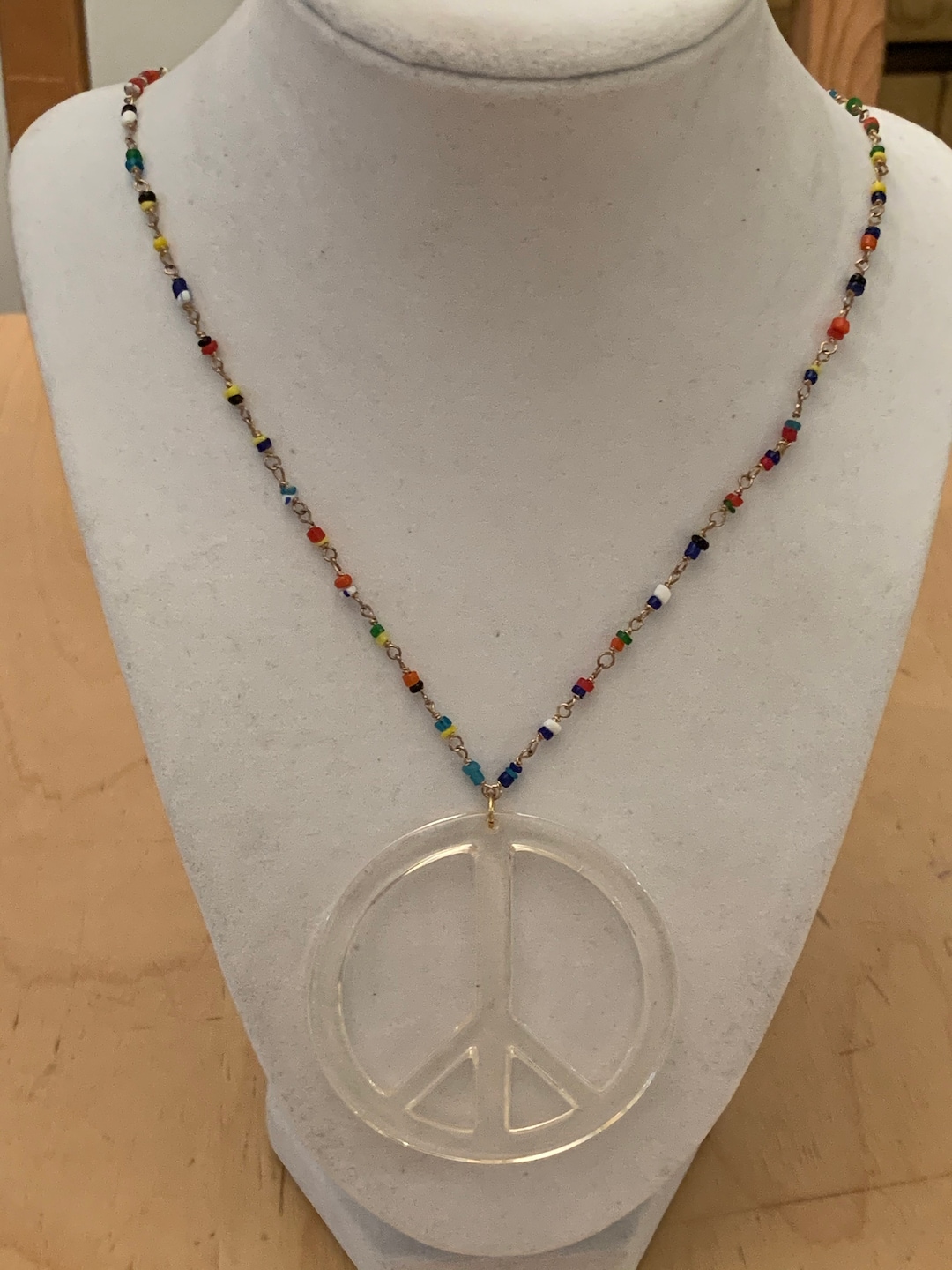 Vintage Peace Sign Necklace: Recycled Plastic Emblem, Multicolor Seed ...