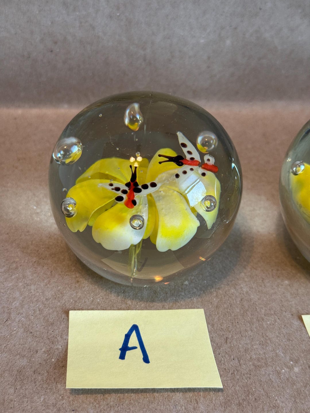 Vintage Lampwork Glass Paperweight, Yellow Flower & Butterflies - Etsy