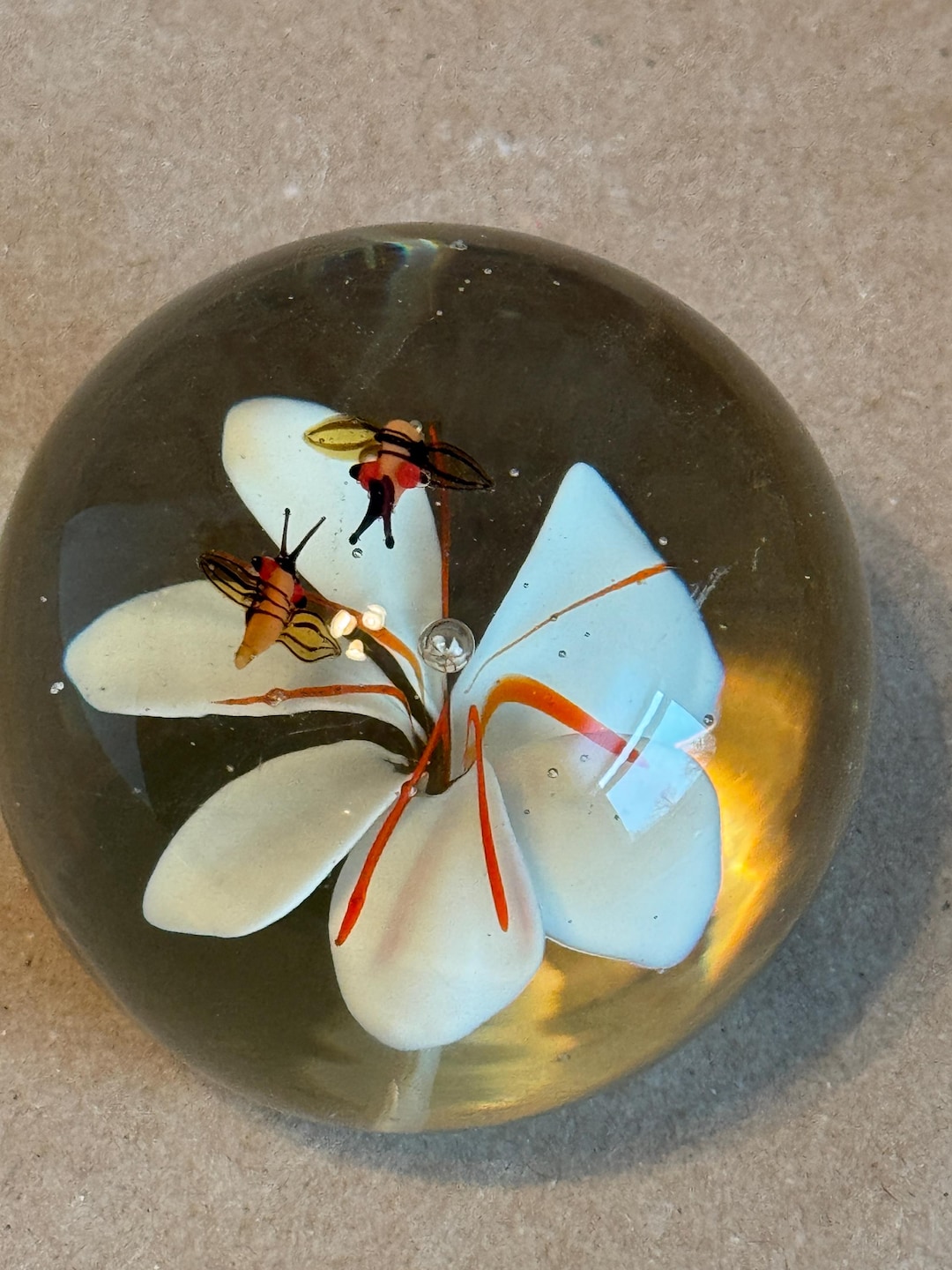 Vintage Lampwork Glass Paperweight: White Flower & Bumble Bees - Etsy