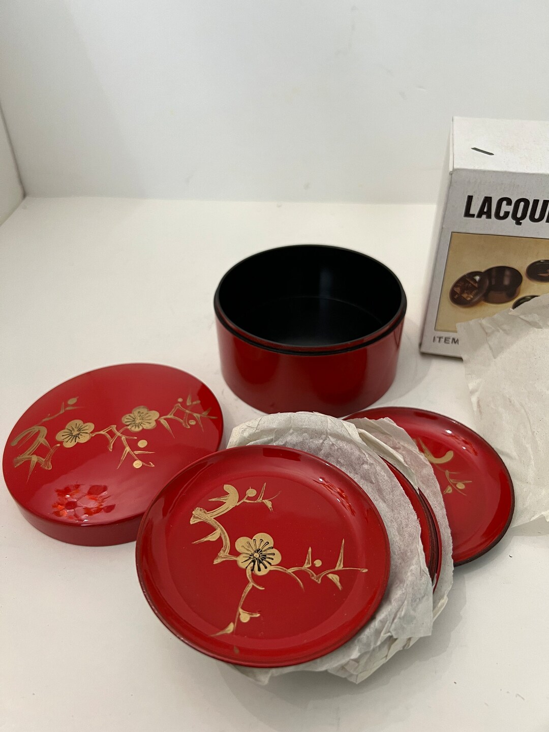 Vintage Dime Store Asian Lacquer Ware Coaster Set in Storage Canister ...