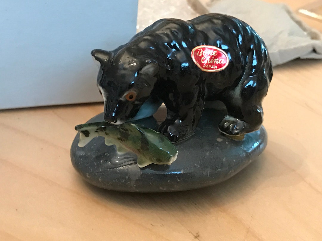 1960’s Bone China Black Bear on a Rock With Fish in Mouth. - Etsy