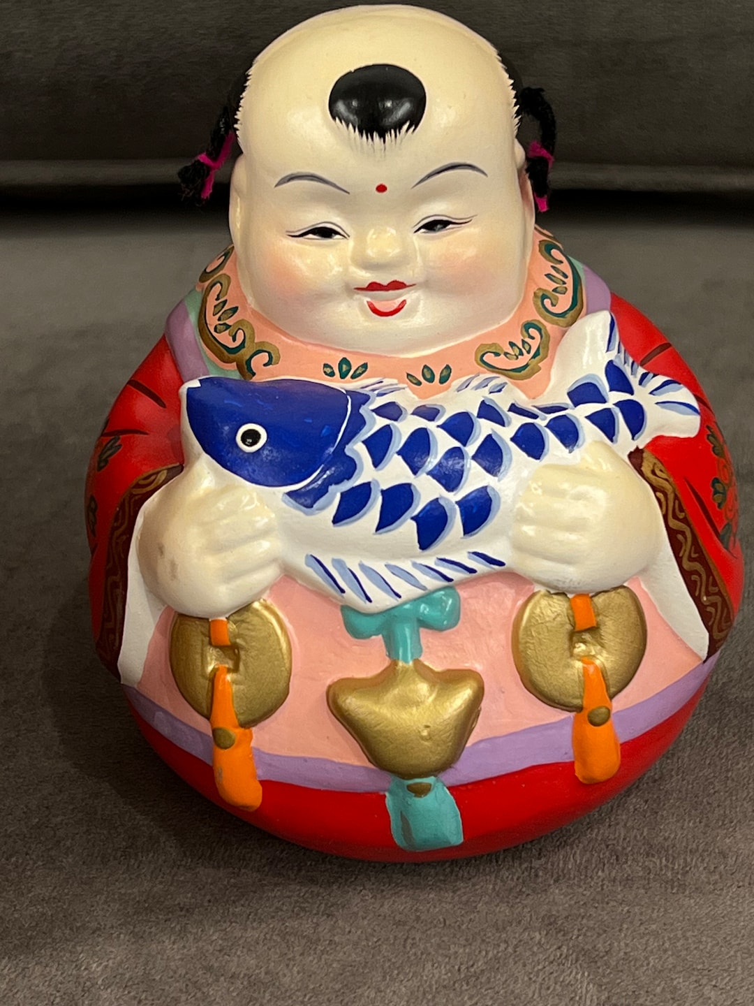 Vintage Dime Store Bright Colored Rolly Pollie Asian Man With Fish Bank ...