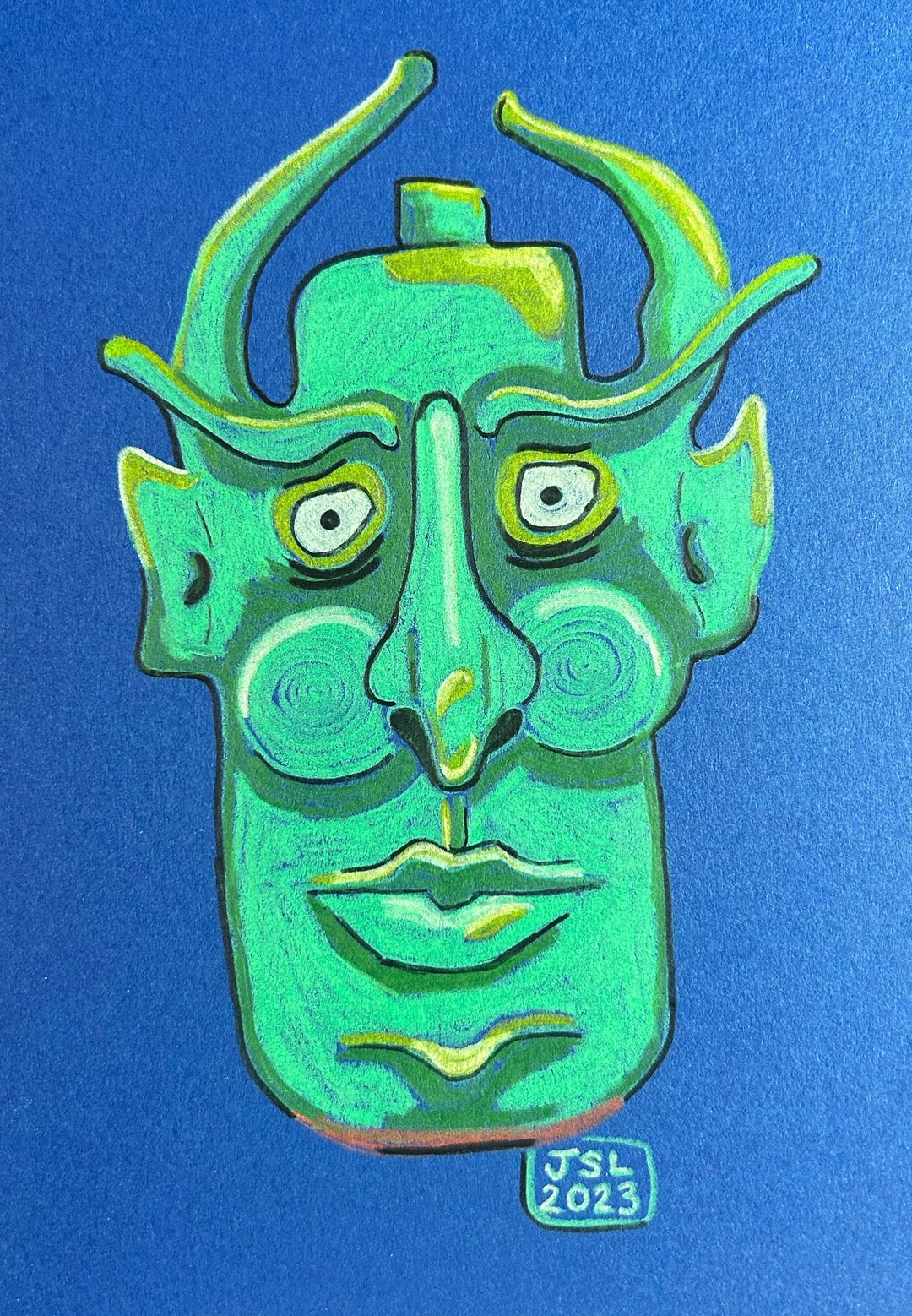 Green Devil Face Jug Original Drawing, 4.75x6.75, Prismacolor Pencil on ...