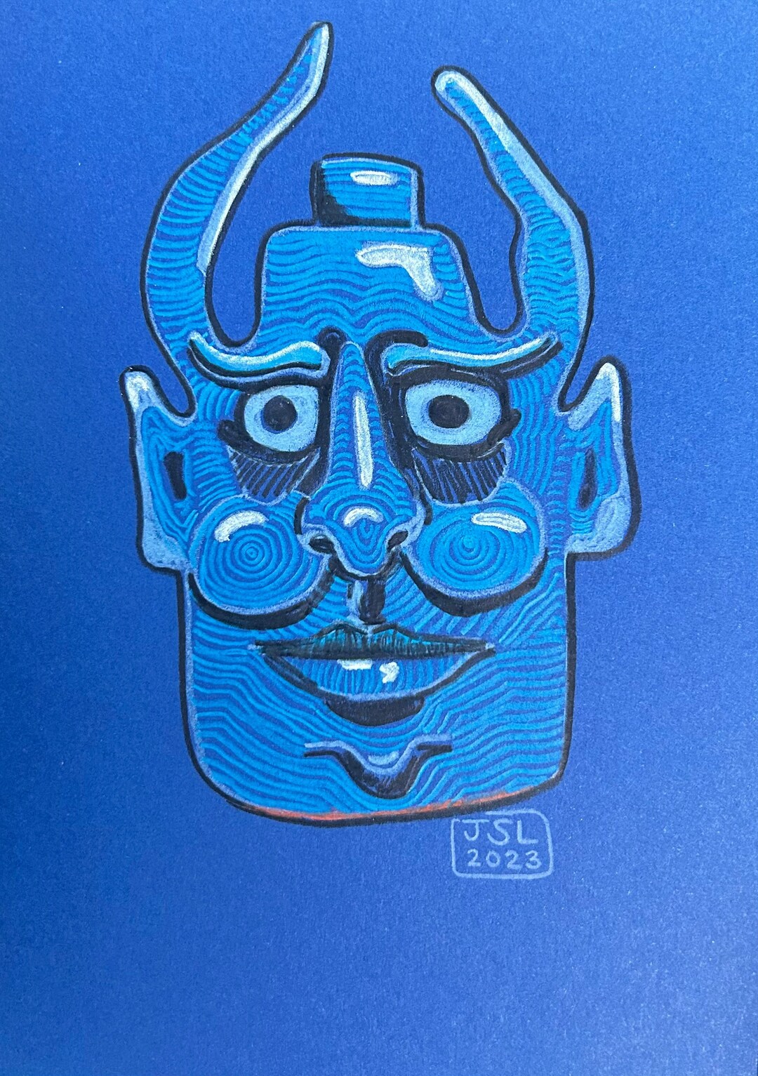 Blue Devil Face Jug Original Drawing, 4.75x6.75, Prismacolor Pencil on ...