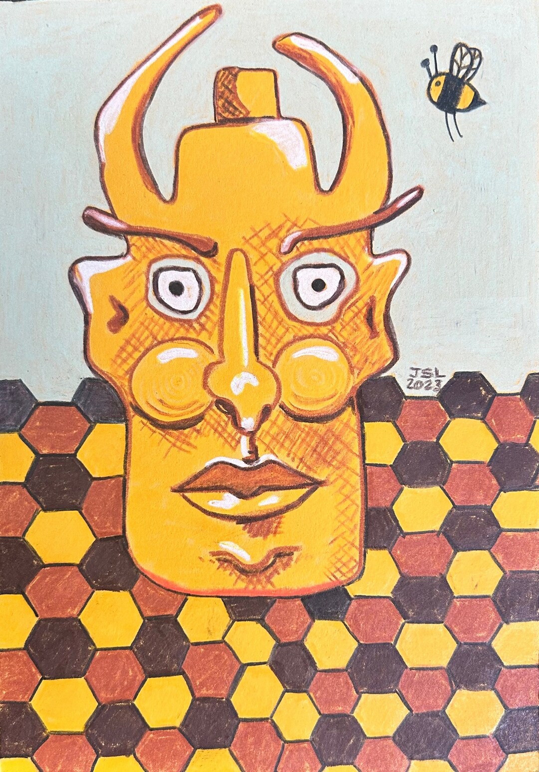 Honeycomb Yellow Devil Face Jug Original Drawing, 4.75x6.75 ...