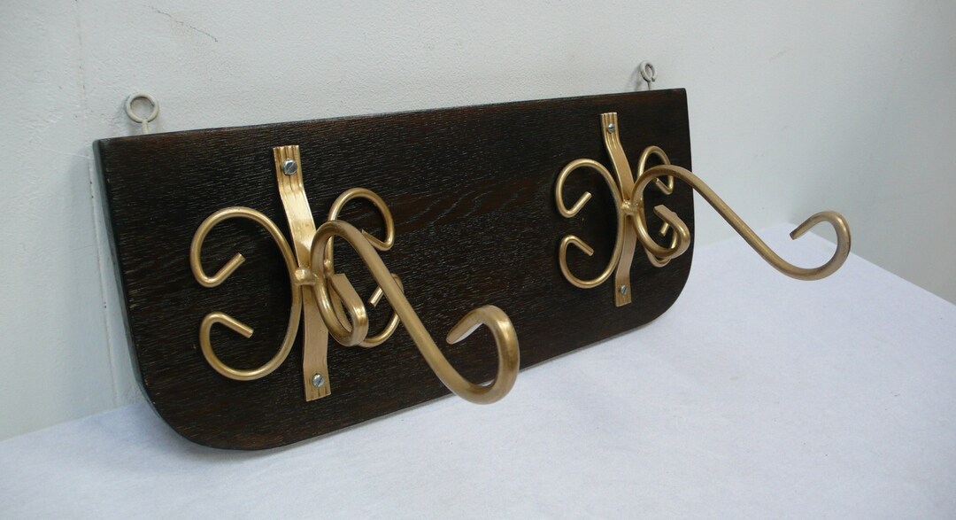 Coat Rack Sign Rack 2 Golden Iron Hooks Curled on Dark Wood Panel ...