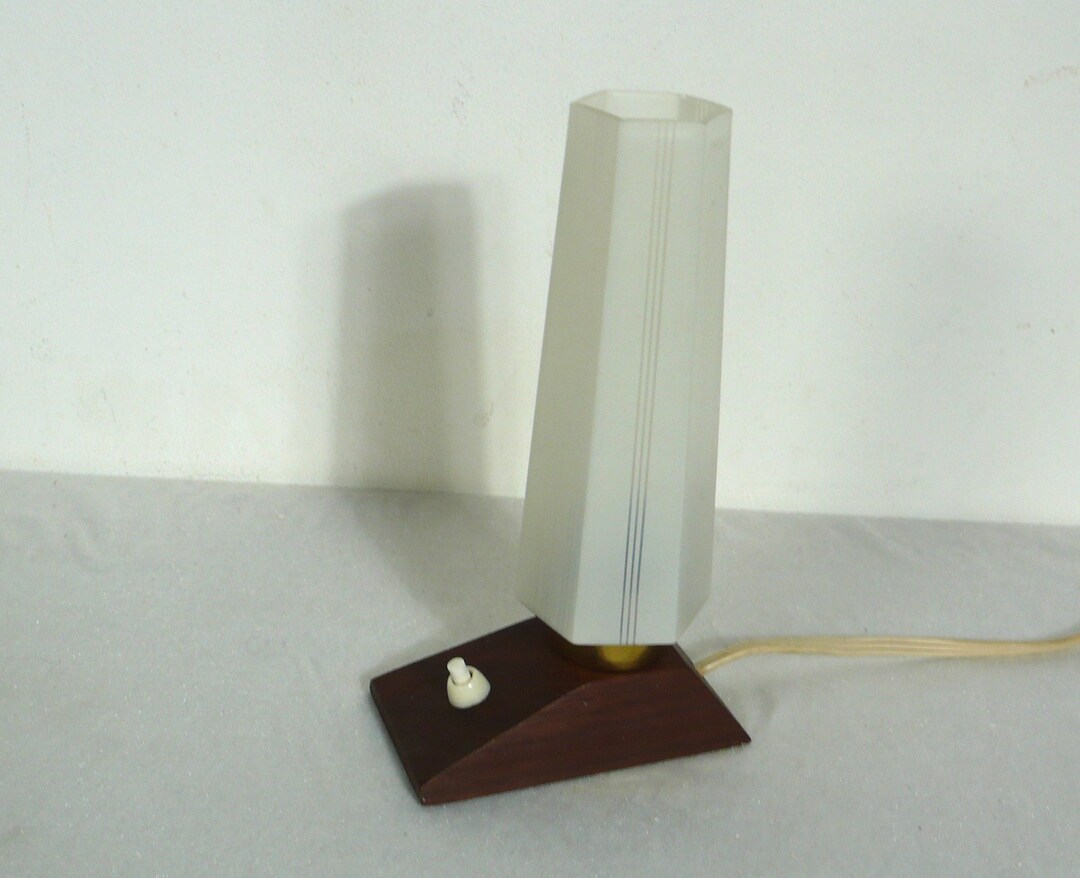 50s 60s Bedside Table Lamp Teak Base + White Hexagon Glass Shade, Mid ...
