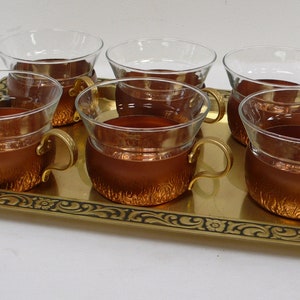 Copper Tea Glass Set W/ 6 Glasses in Copper Cup-holder W/ Brass Handle ...