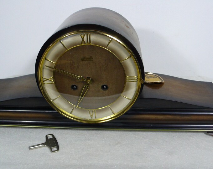 50s Hermle Mantel Clock 'schwebeanker' Key-wind, 8-day-work 4 Hammer ...