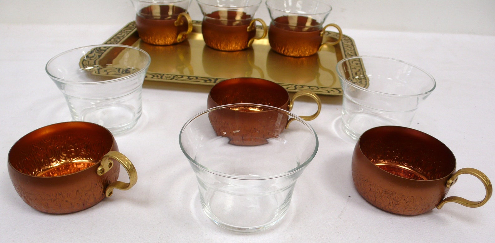 Copper Tea Glass Set W/ 6 Glasses in Copper Cup-holder W/ Brass Handle ...