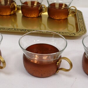 Copper Tea Glass Set W/ 6 Glasses in Copper Cup-holder W/ Brass Handle ...