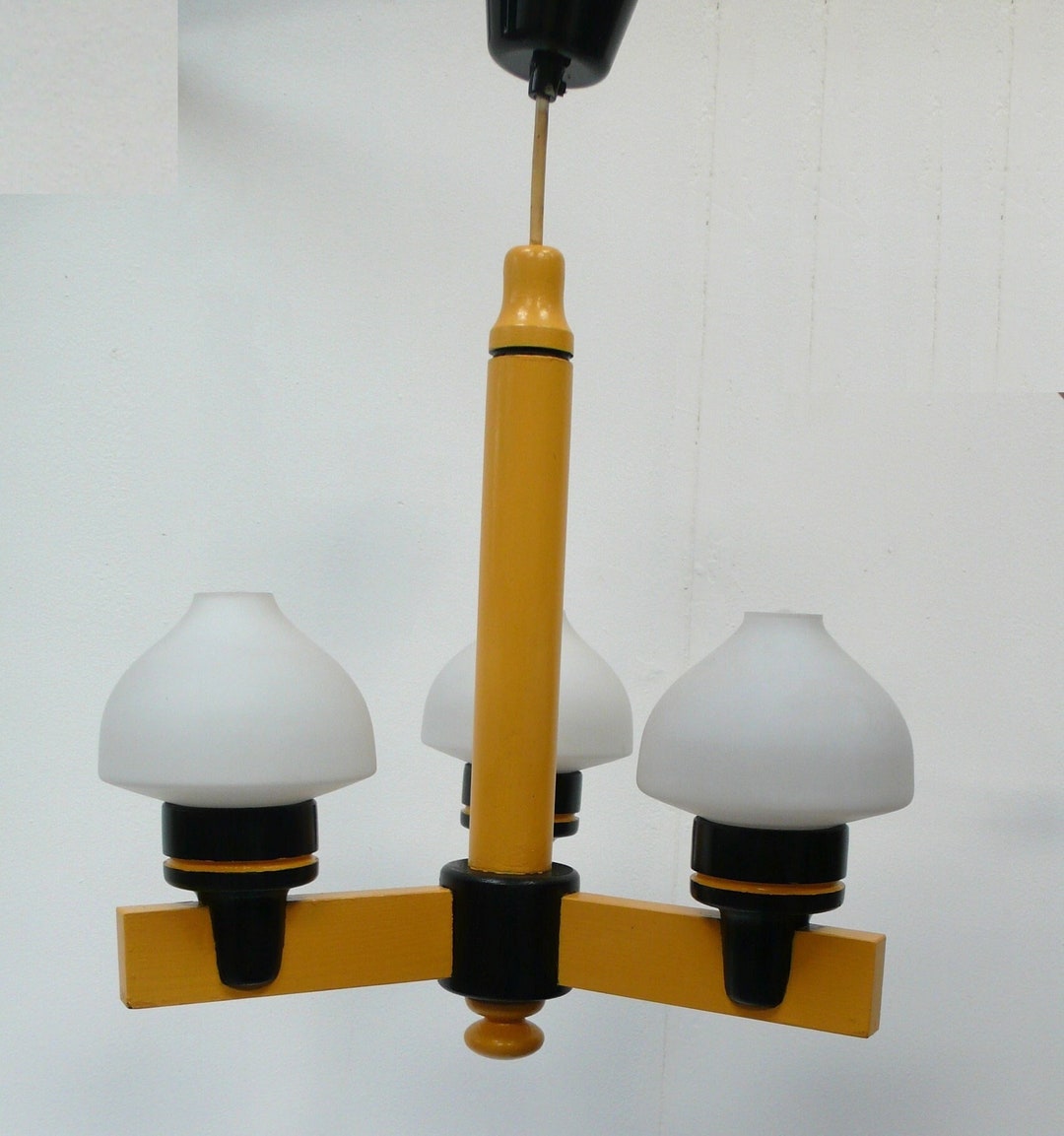 70s Pendant Lamp 3 Lights, Wood in Fun & Friendly Orange-yellow + Black ...