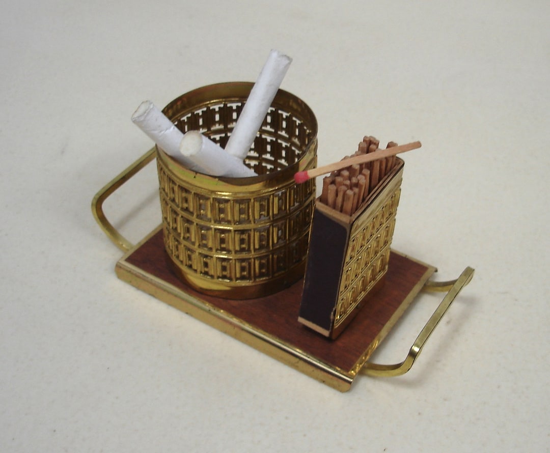 50s Miniature Tray Brass W/ Matchbox Holder Cigarette Cup, by Ebinger ...