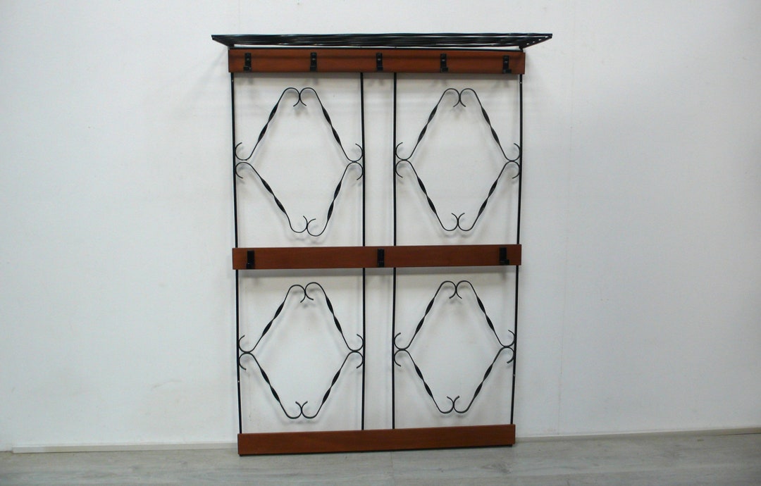 60s 70s Tall Entryway Halltree, Wall Tree, Teak + Blacksmith Iron, 8 ...