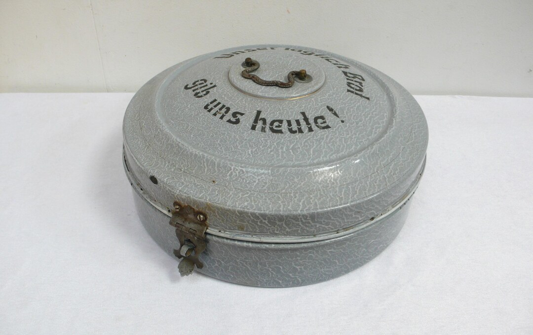 Vintage Bread Box Enamelware Round, Freckled Grey, Cottage Style ...
