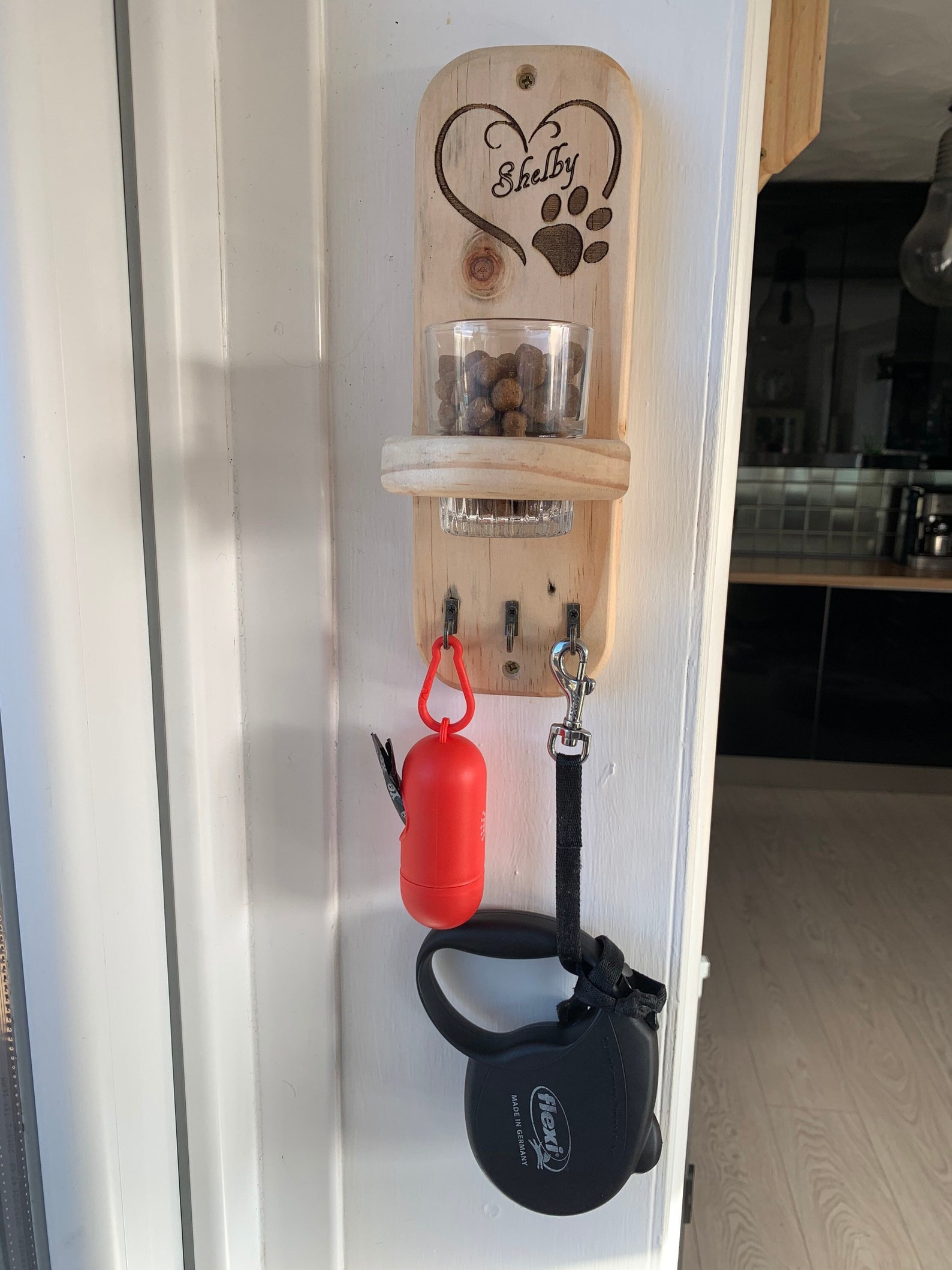 Personalised Reclaimed Engraved Wood Wall Mounted Dog Lead and Treat ...