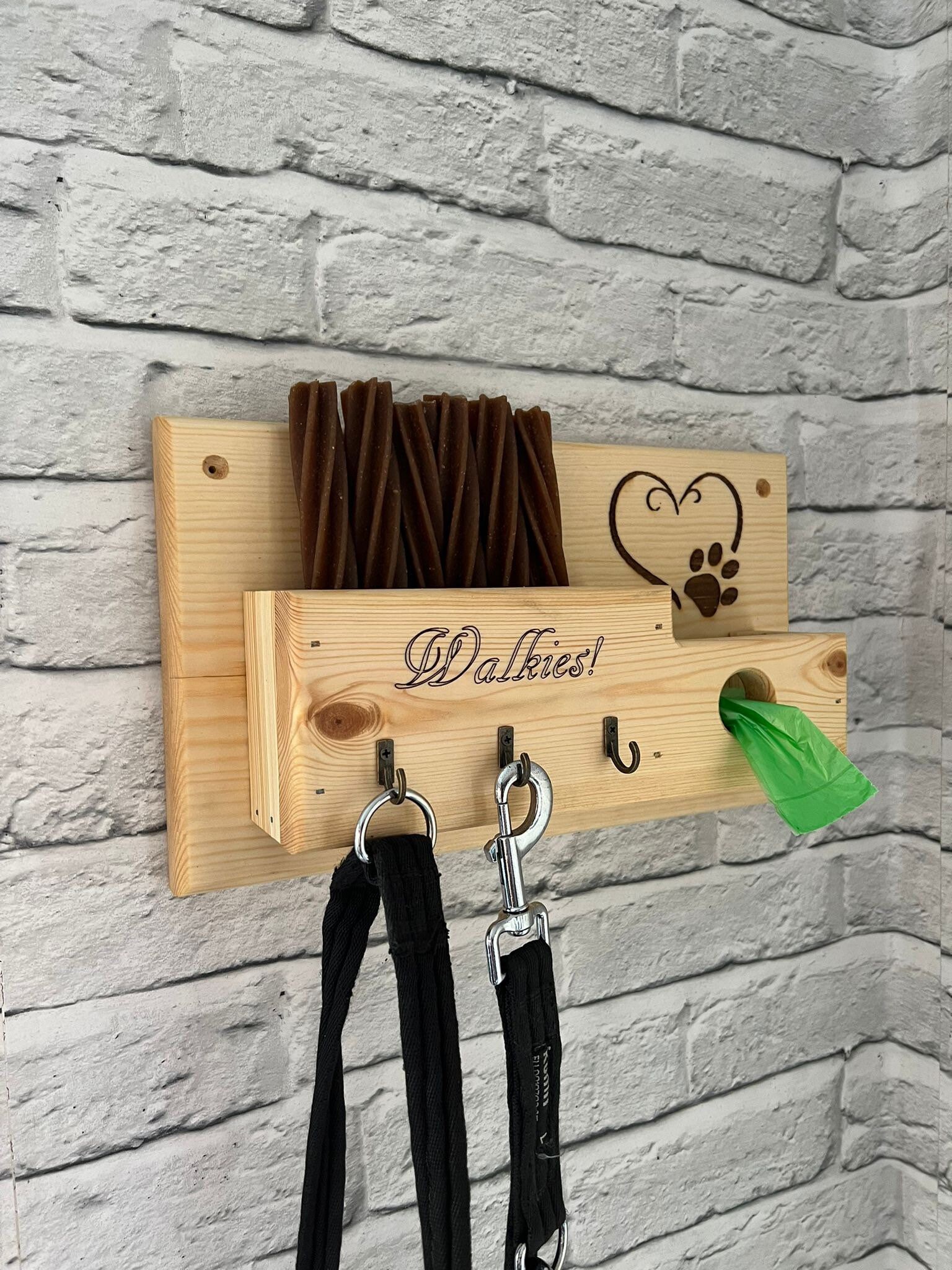Personalised Engraved Wood Wall Mounted Dog Lead and Treat Holder ...