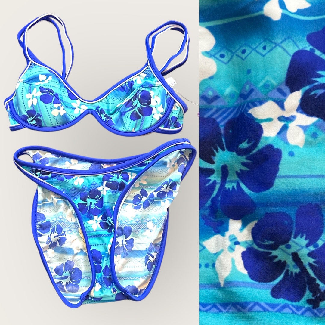 Vintage 90s Does 60s Malibu Dream Girl Navy Cobalt Blue Hibiscus Floral ...