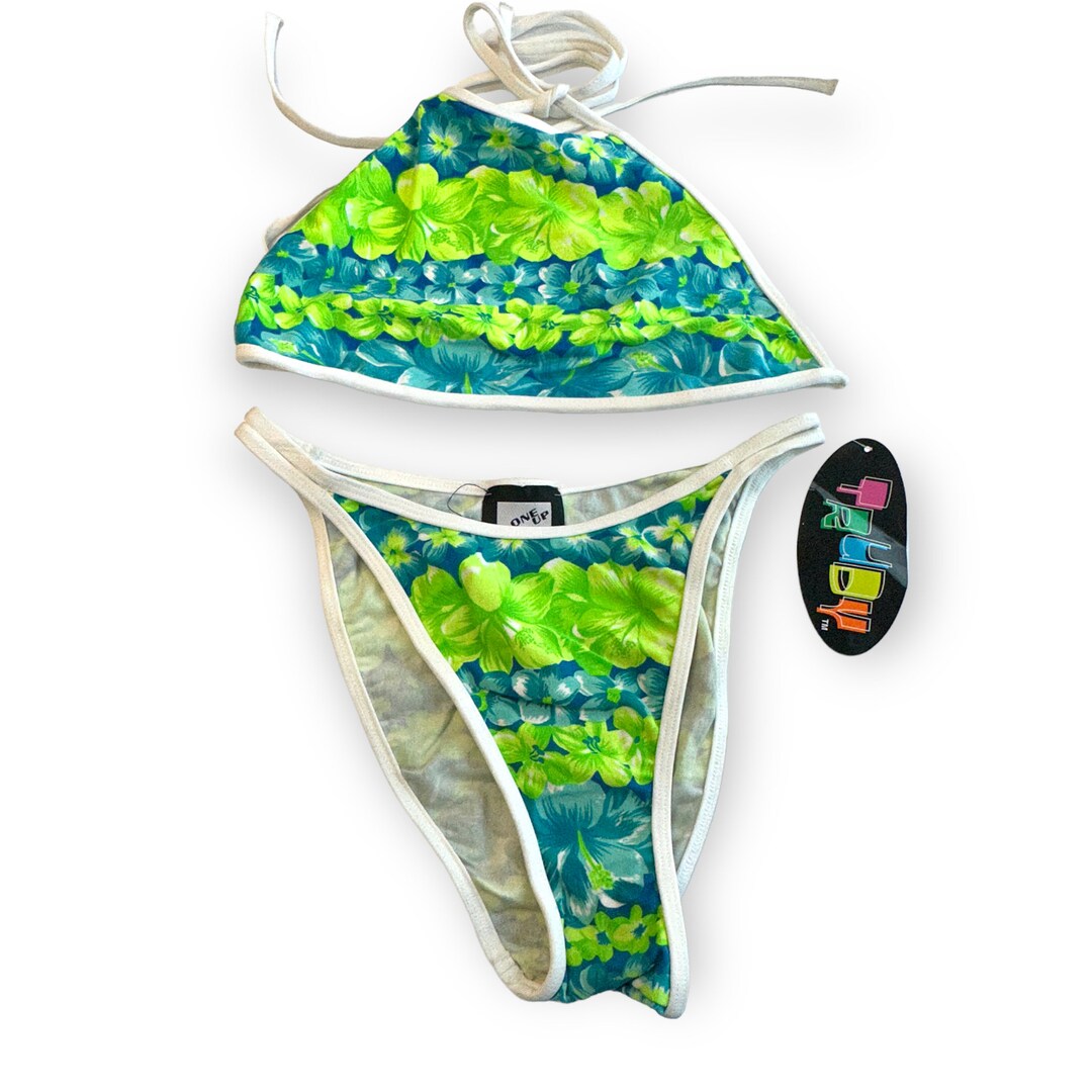 Vintage 90s Y2K Deadstock Lime Green and Teal Plumerias and Hibiscus ...