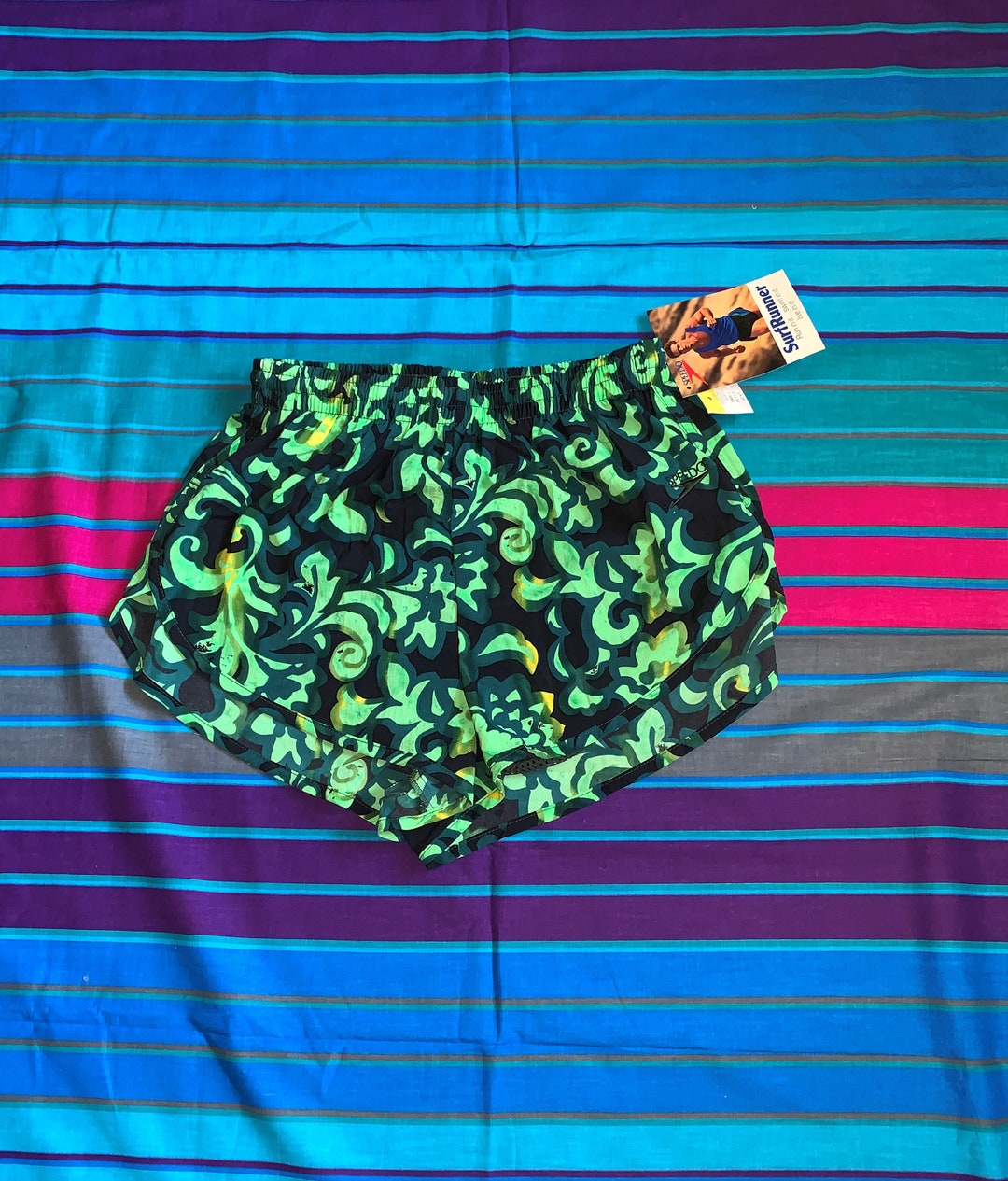 Vintage 90s Speedo Runner Neon Green Black Floral Baroque Side Split ...