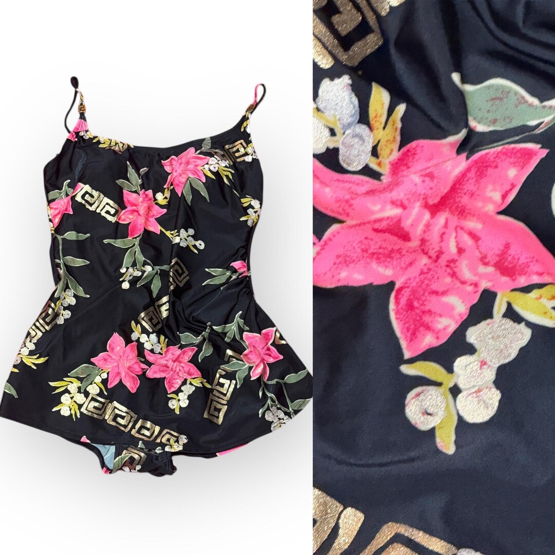 Vintage 90s Deadstock BEACH BAY Skirt Swimsuit Floral Metallic Gold ...