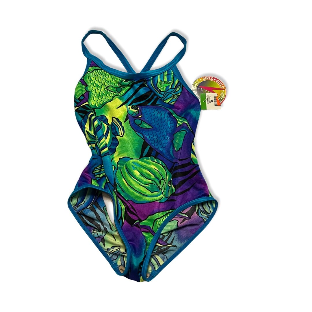 Young Girls Vintage 90s Speedo Blue Tang Fish Pattern Print Athletic ...